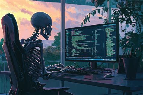 skeleton programming in office with stunning view focused on computer screen filled with code