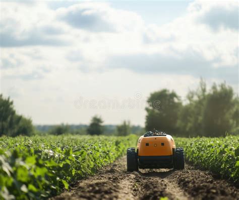 Autonomous Agricultural Robot Navigating Through Lush Green Soybean Field Under Bright Sky Copy