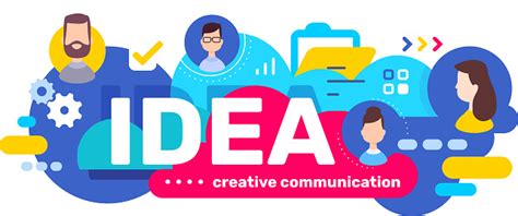 사업 아이디어 단어 인쇄 술과 거품 흰색 배경과 아이콘에 있는 사람들의 머리의 벡터 크리에이 티브 밝은 컬러 일러스트 개념에