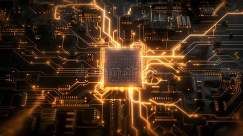 Ai Generated Illustration Of A Close Up Of A Glowing Microchip On A Circuit Board Stock