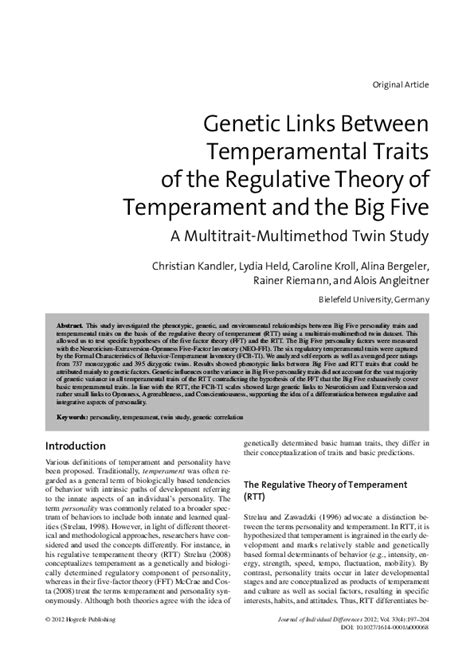 Pdf Genetic Links Between Temperamental Traits Of The Regulative Theory Of Temperament And The