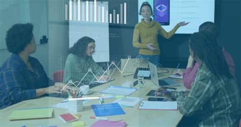 Image Of Charts Processing Data Over Diverse Colleagues Talking At