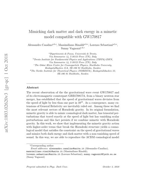 Pdf Mimicking Dark Matter And Dark Energy In A Mimetic Model Compatible With Gw170817