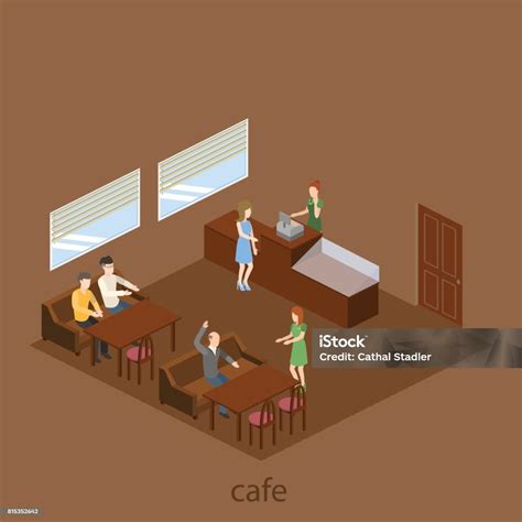바리 스타와 웨이터 서빙 방문자 아이소메트릭 벡터 일러스트 레이 션 갈색 색조에 커피숍 카페 인테리어 아이소메트릭 배너 3차원 형태에 대한 스톡 벡터 아트 및 기타 이미지