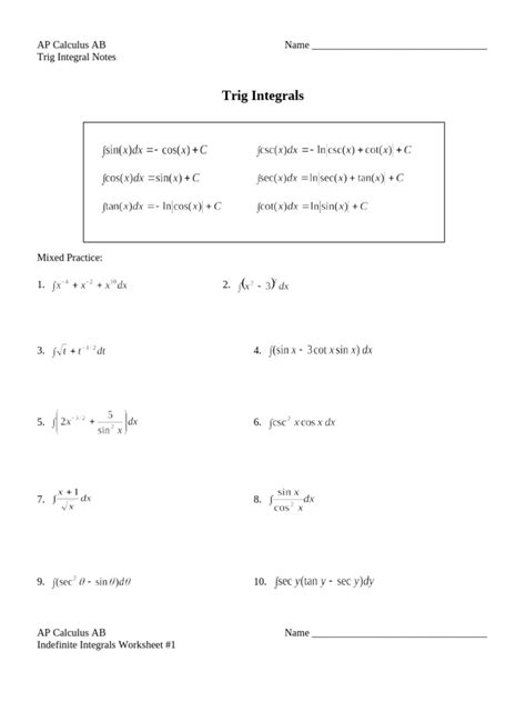 Trig Integrals Worksheet For Calculus 2 Level Pdf