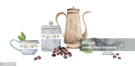 구리 커피 포트와 도자기 컵 크리머 나뭇잎 콩으로 수채화 손으로 그린 구성 흰색 배경에 격리되어 있습니다 초대장 카페 레스토랑 음식 메뉴 인쇄 웹 사이트 카드 Robusta