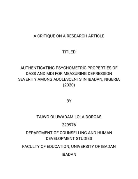 Pdf A Critique On A Research Article Titled Authenticating Psychometric Properties Of Dass And