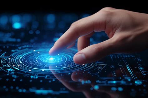 Premium Photo Tech Interaction Finger Touches Virtual Screen Button Symbolizing Innovation