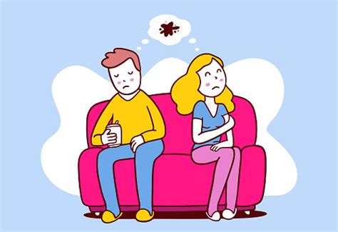 벡터 일러스트 레이 션의 화가 여자와 남자는 소파에 앉아 서로 떨어져 서로 다른 방향으로 설정 부정적인 사람들이 개념의 통신 우정에 대한 스톡 벡터 아트 및 기타 이미지