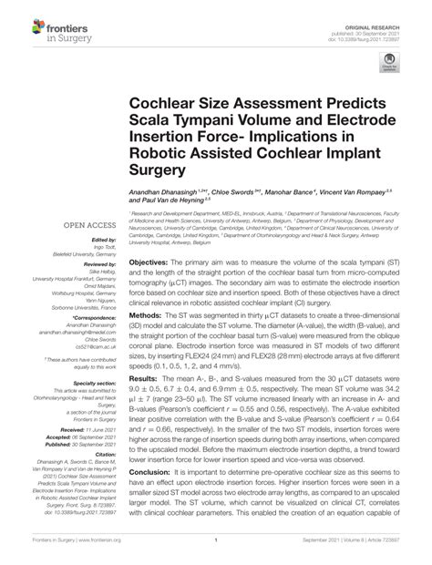 Pdf Cochlear Size Assessment Predicts Scala Tympani Volume And