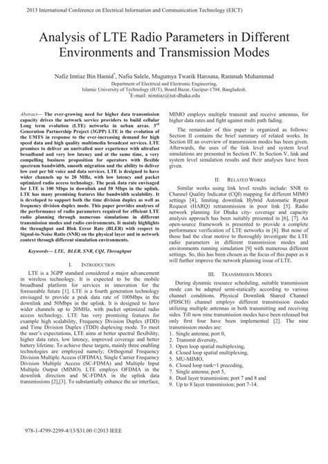 Pdf Analysis Of Lte Radio Parameters In Different Environments And