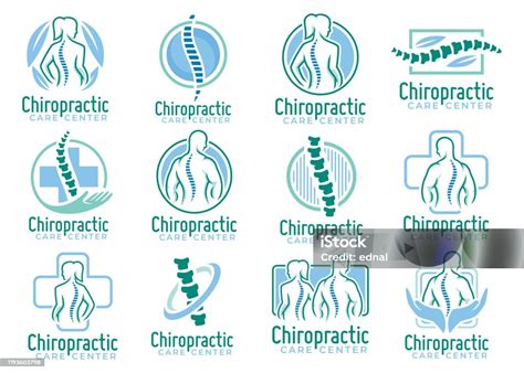 카이로 프랙틱 기호 벡터 척추 건강 관리 의료 기호 또는 아이콘 팩 또는 컬렉션의 집합입니다 로고에 대한 스톡 벡터 아트 및