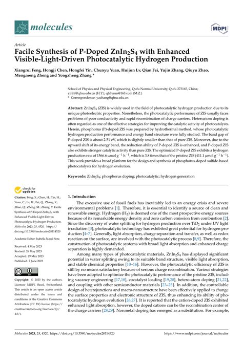 Pdf Facile Synthesis Of P Doped Znin2s4 With Enhanced Visible Light
