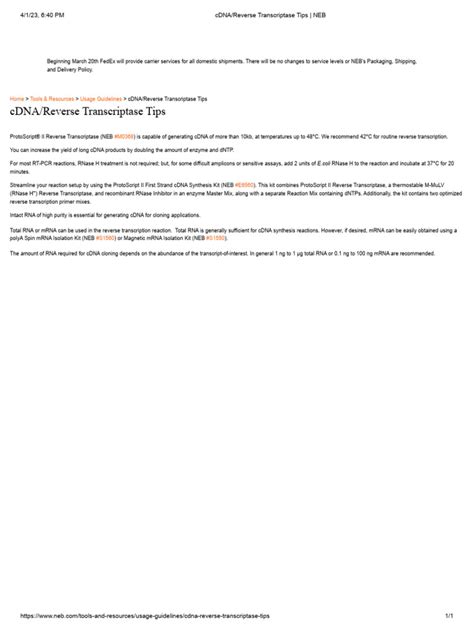 Cdna Reverse Transcriptase Tips Neb Pdf