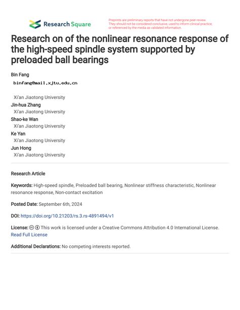 Pdf Research On Of The Nonlinear Resonance Response Of The High Speed Spindle System Supported