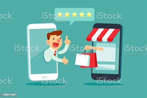 스마트 폰 화면에 사업가는 온라인 쇼핑 상점에 5 성급 등급을 제공합니다 가방에 대한 스톡 벡터 아트 및 기타 이미지 가방