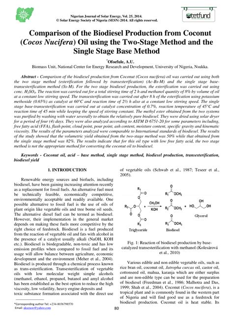Pdf Comparison Of The Biodiesel Production From Coconut Cocos Nucifera Oil Using The Two