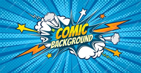 벼락 번개와 만화 거품이 있는 파란색 만화 팝 아트 배경 만화 만화책 버스트 구름 붐 스타와 폭발 번개가 있는 벡터 하프톤 패턴 배경 프리미엄 벡터