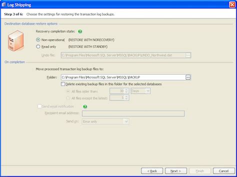 log shipping restore settings sql backup 6 product documentation