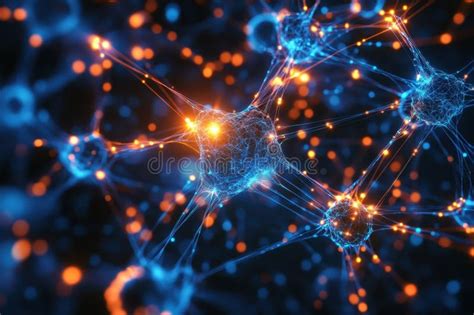 Neurons In A Synaptic Network Illuminated In Blue And Orange Colors