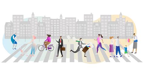 거리 군중 벡터 일러스트입니다 사업 가족 강아지와 엘 더 걷는 사람들 또는 서둘러 도시 도시와 대도시 주택와 초 롱에서 실행 두발자전거에 대한 스톡 벡터 아트 및 기타