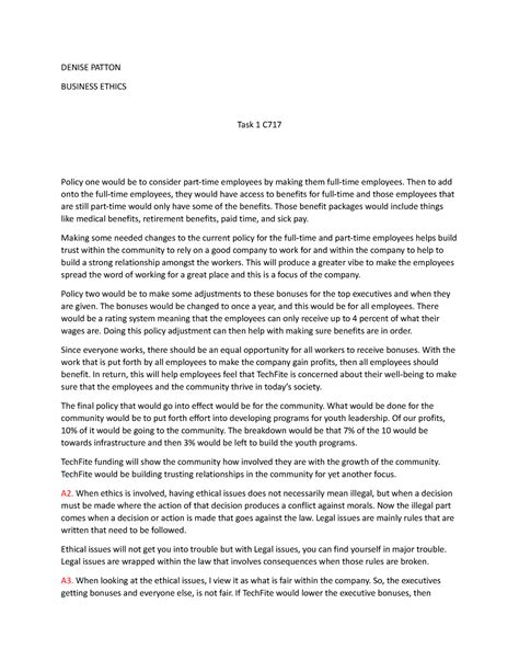 Task 1 C717 Passed On First Try Denise Patton Business Ethics Task