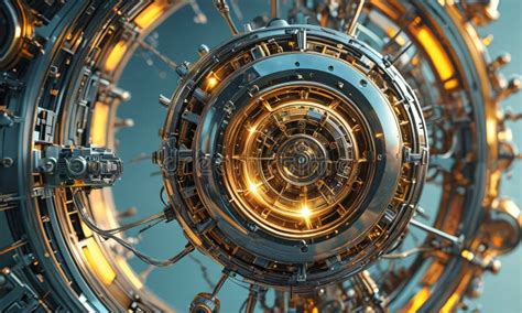 Complex Metallic Structure With Intricate Gears And Dials Illuminated By Warm Glow Creates