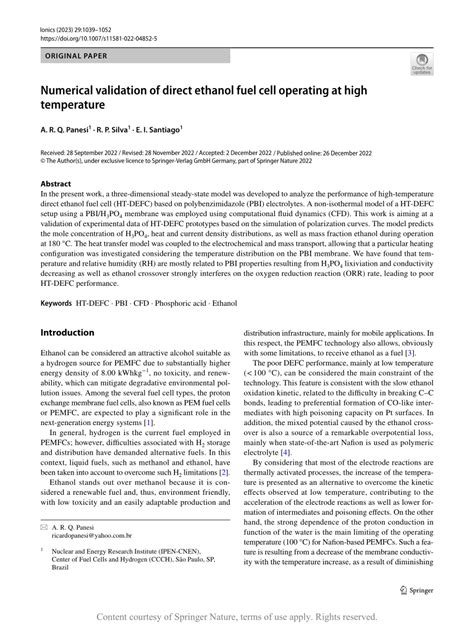 Numerical Validation Of Direct Ethanol Fuel Cell Operating At High Temperature Request Pdf