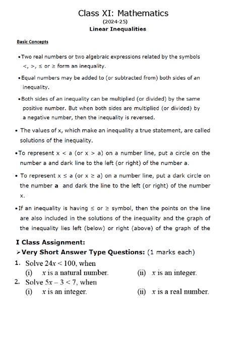 Linear Inequalitiess Xi Class Xi Mathematics Linear Inequalities