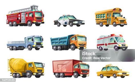 자동차의 만화 스타일의 컬렉션 소방대 경찰차 학교 버스 트럭 구급차 콘크리트 믹서 택시 흰색 배경에 격리 0명에 대한 스톡 벡터
