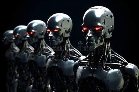 Group Of Evil Hostile Metallic Robots Concept Of Artificial