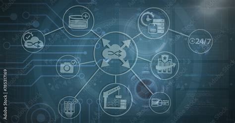 image of graphical flow charts with computer icons against interface