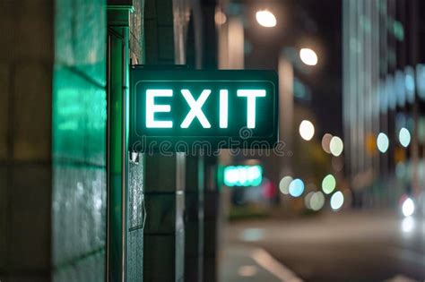 Green Illuminated Exit Sign At Night Showing The Emergency Exit Path With Blurred City Lights