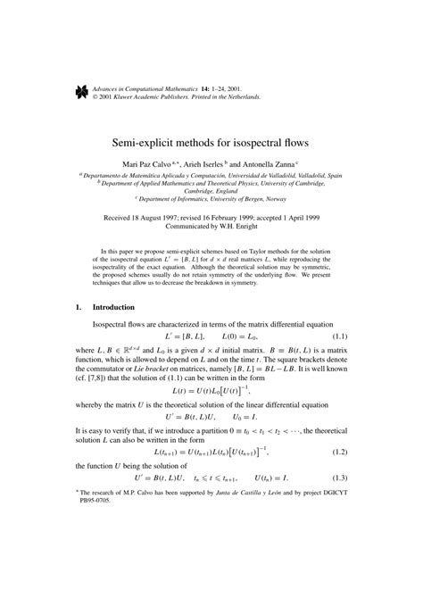Pdf Semi Explicit Methods For Isospectral Flows