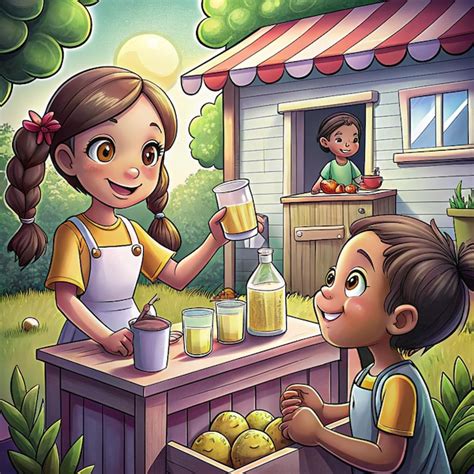 A Cartoon Illustration Of A Girl Selling Lemonade And A Girl With A