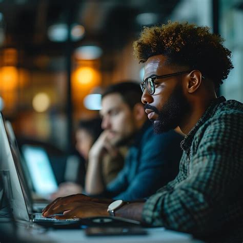 Focused Team Collaborating In Modern Tech Office Setting Premium Ai