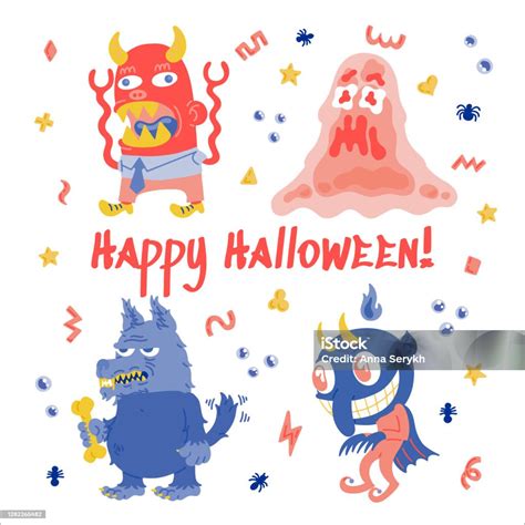 몬스터 만화 캐릭터 세트 짐승 슬라임 슬러그 늑대 악마와 작은 패턴과 손으로 그린 벡터 그림 미스터리 미스터리 파티 포스터 인사말 카드에 대한 모든 성도의 날 개념 개념에