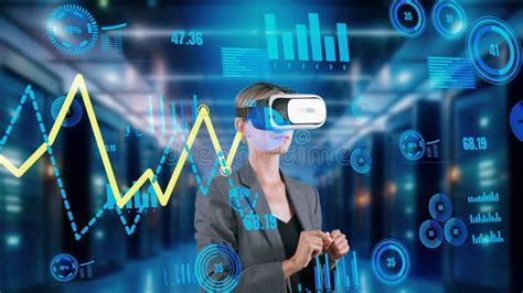 Woman Searching Data Using Hand Sliding Analysis By Vr At Server