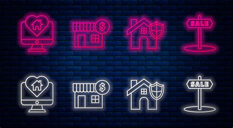 달러 기호와 라인 하우스 방패와 집 하트 모양의 집과 텍스트 판매 매달려 기호와 모니터 벽돌 벽에 빛나는 네온 아이콘입니다 벡터