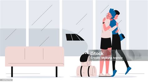젊은 남자가 공항에서 소녀를 만나 포옹합니다 부부는 긴 별거 후 다른 만남 여행가방을 들고 돌아오는 소녀와 함께 공항 인테리어의 벡터 컨셉 일러스트 공항에 대한 스톡 벡터