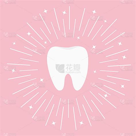 健康的牙齿图标。圆线圆。平面设计。口腔牙齿卫生。儿童牙齿保健。星星闪亮的效果。粉彩背景。