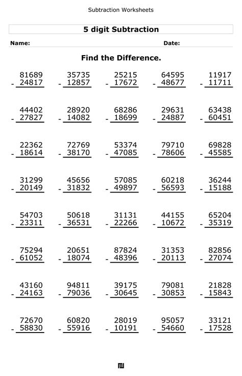 5 Digit Subtraction Worksheets 5 Digit Minus 5 Digit Subtraction Long Subtraction With 5 Digit