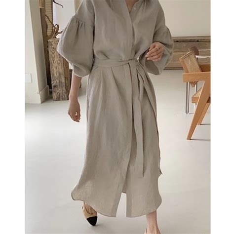 가을 카라넥 롱 원피스 루즈핏 긴팔 퍼프소매 린넨 허리끈 리본 오버사이즈 빅사이즈 77 88