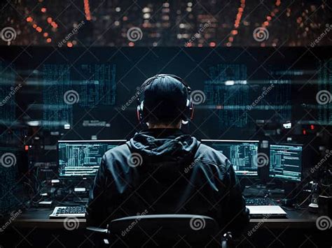 hackers using laptops with binary codes digital interfaces stock image