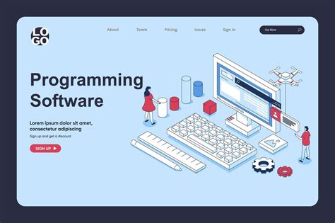 Programming software concept in 3d isometric design for landing page template. People ...