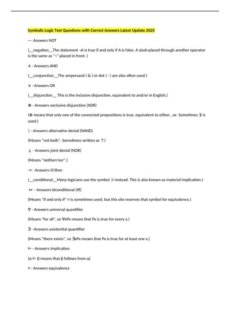 Symbolic Logic Test Questions With Correct Answers Latest Update 2025 Symbolic Logic Stuvia US