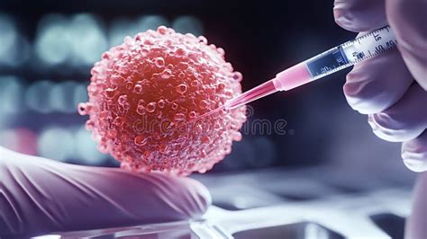 Scientist Injecting Serum Into Cancer Cell With Syringe In Laboratory