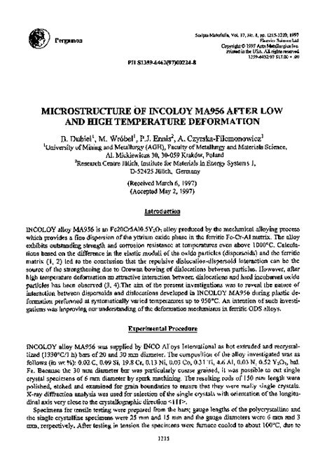 Pdf Microstructure Of Incoloy Ma956 After Low And High Temperature Deformation