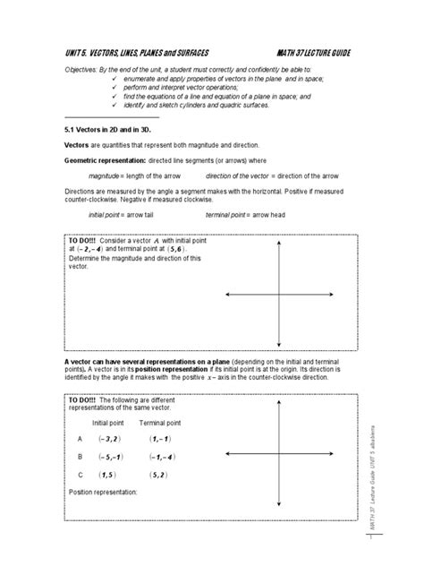 Unit 5 Vectors Lines Planes And Surfaces Math 37 Lecture Guide Pdf Euclidean Vector