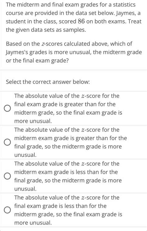 the midterm and final exam grades for a statistics course are provided